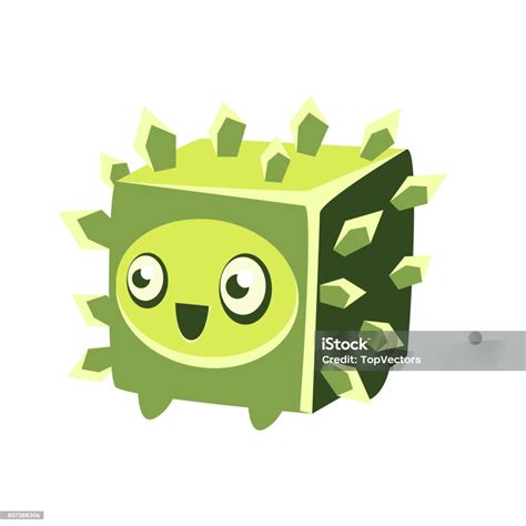 귀여운 환상적인 녹색 식물 문자 사각형 모양 스파이크와 자연 요소 만화 벡터 일러스트 레이 션 귀여운에 대한 스톡 벡터 아트 및