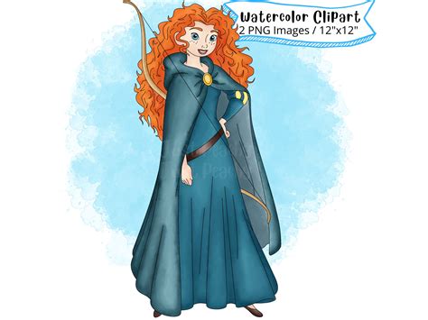 Princess Merida Watercolor Clipart Hand Drawn Cute Cartoon