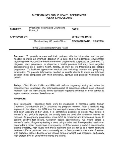 Pregnancy Testing And Counseling Protocol Sample 1 California