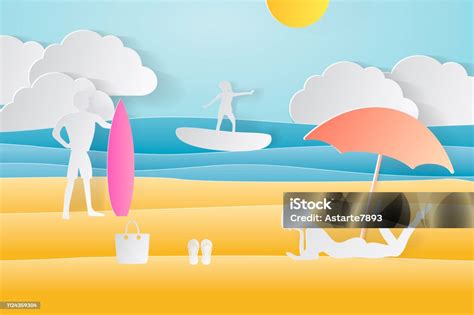 종이 만들어진된 컷아웃 세계 여름 시간 서핑 보드와 바다 또는 바다의 개념 벡터 일러스트 레이 션 구름에 대한 스톡 벡터 아트 및 기타 이미지 Istock