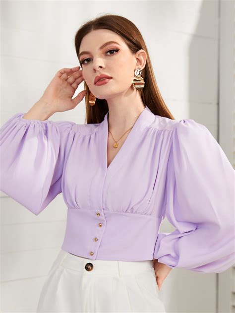 Shein V Neck Ruched Button Front Bishop Sleeve Blouse Bishop Sleeve