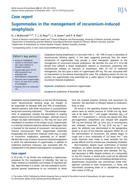 Sugammadex In The Management Of Rocuronium Induced Anaphylaxis Pdf
