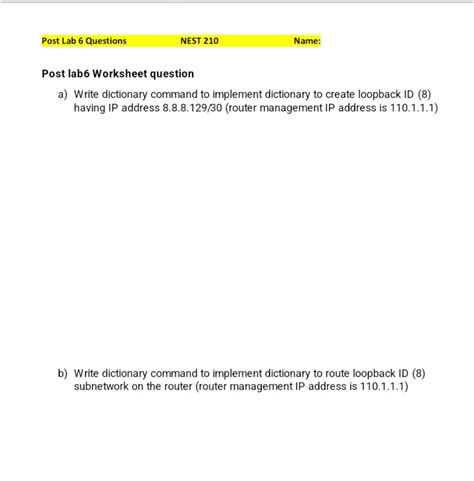 Solved Post Lab Worksheet Question A Write Dictionary Chegg