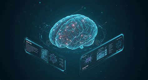 Human Brain Visualization With Glowing Connections And Medical Information Display Stock