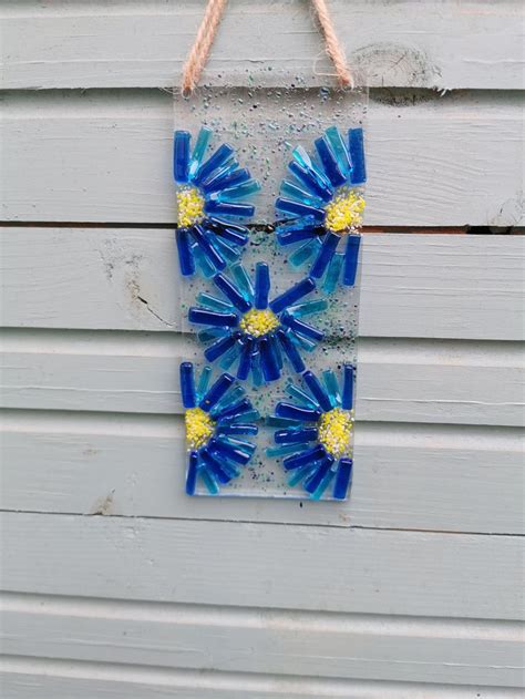 Blue Flower Fused Glass Hanging Sun Catcher Colourful Floral Art