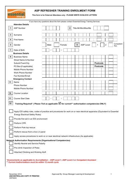 Asp Refresher Training Enrolment Form Essential Energy