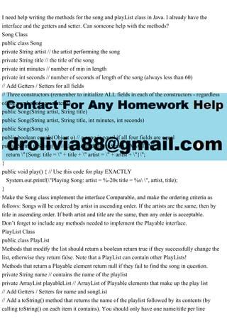 I Need Help Writing The Methods For The Song And PlayList Class In J Pdf