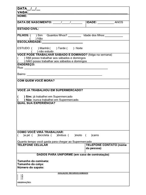 Ficha De Solicitação De Emprego Pdf
