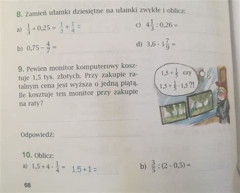 zadanie 8 9 10 str 68 działania na ułamkach zwykłych i dziesiętnych