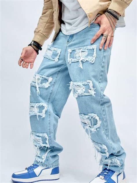 Manfinity Emrg Men Cotton Ripped Frayed Rag Stitching Jeans Shein Usa