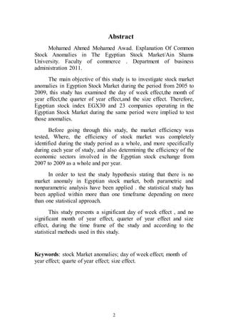 An Explanation Of Common Stock Anomalies In The Egyptian Stock Market An Applied Study En