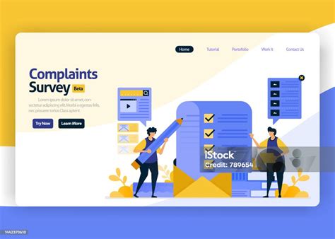 방문 페이지 벡터 평면 디자인 일러스트 는 사용자 만족도 및 서비스 개선의 부정적인 평가에 대한 이메일로 불만 설문 조사 서비스의 그림 웹 사이트 모바일 앱 배너 전단지