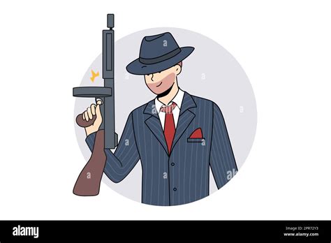 Bearded Man Criminal In Suit And Hat Holding Handgun Male Gangster