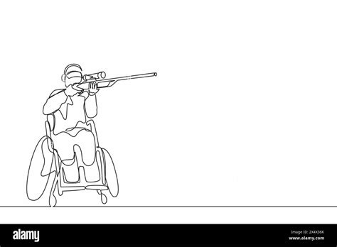 Single Continuous Line Drawing Male Athlete On Wheelchair Shooting