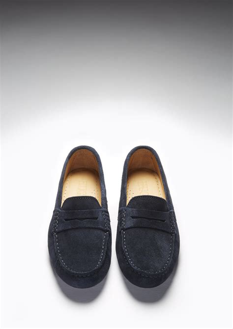Womens Penny Driving Loafers Navy Blue Suede Hugs And Co