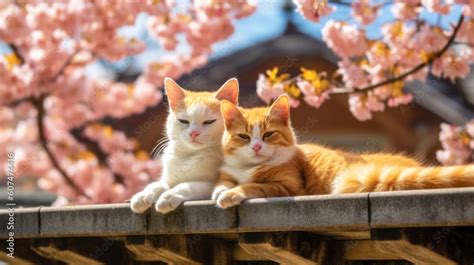 Cute Cats In Japan On A Cherry Blossom Background Cute Cats Are Relaxing On Japanese House Roof