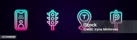 세트 라인 택시 운전 면허증 신호등 위치 택시 자동차 및 주차 빛나는 네온 아이콘 벡터 경계 표지에 대한 스톡 벡터 아트 및 기타 이미지 Istock