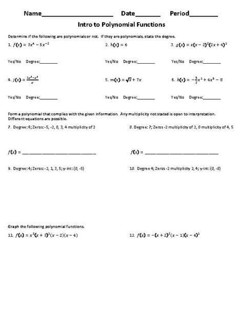 Precalculus Worksheet Intro To Polynomial Functions By My Geometry World