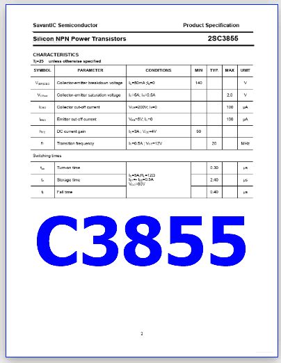 C3855 PDF Datasheet - 140V, 10A, NPN Transistor