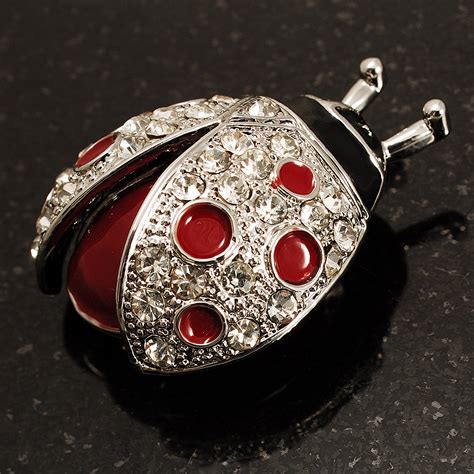 Red Enamel Ladybug Brooch Silver Tone