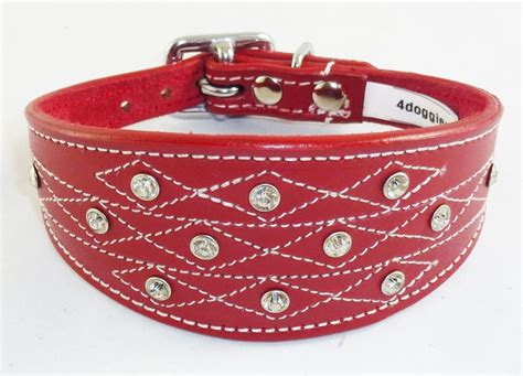 Red Leather Whippet Greyhound Collar With Clear Diamante And Stiching