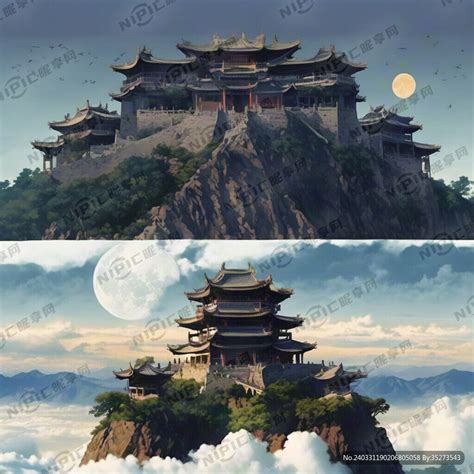 Ai创作图整张图是以仰视的效果呈现出来 蓝色背景为主调 从上至下最顶上是月亮下来 是山西临汾乡宁云丘山的建筑玉皇顶 随后是云的图层 进行累积