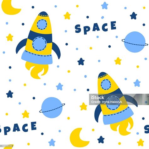 손으로 그린 유치한 매끄러운 패턴 별이 있는 노란색 로켓 만화 어린이 의류 직물 섬유 보육 장식 포장지에 적합합니다 벡터 과학에 대한 스톡 벡터 아트 및 기타 이미지