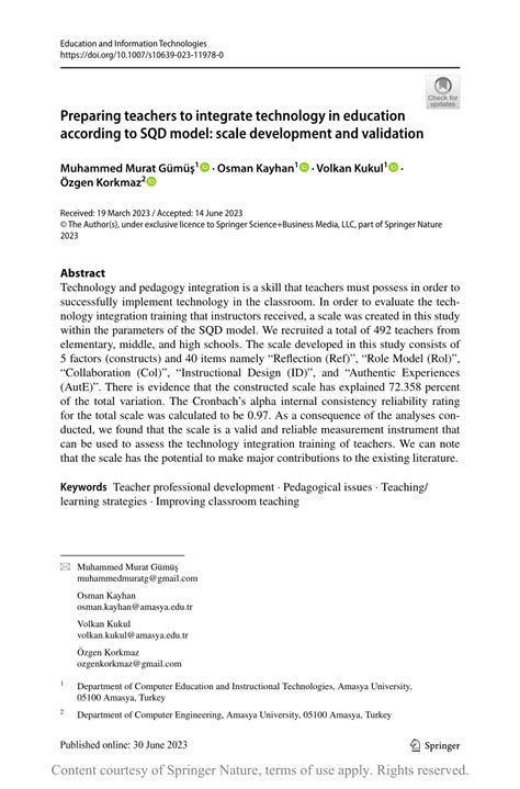 Preparing Teachers To Integrate Technology In Education According To Sqd Model Scale