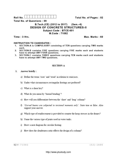Btech Ce 6 Sem Design Of Concrete Structures 2 71082 Nov 2019 Pdf Bending Column
