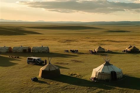 Premium Ai Image Mongolian Bags And Cattle And Sheep Clusters Near