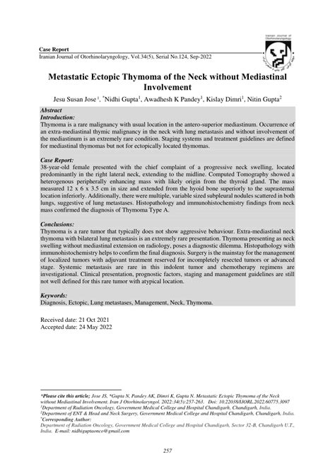 Pdf Metastatic Ectopic Thymoma Of The Neck Without Mediastinal