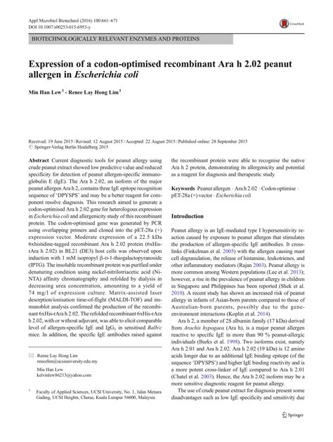 Pdf Expression Of A Codon Optimised Recombinant Ara H 202 Peanut