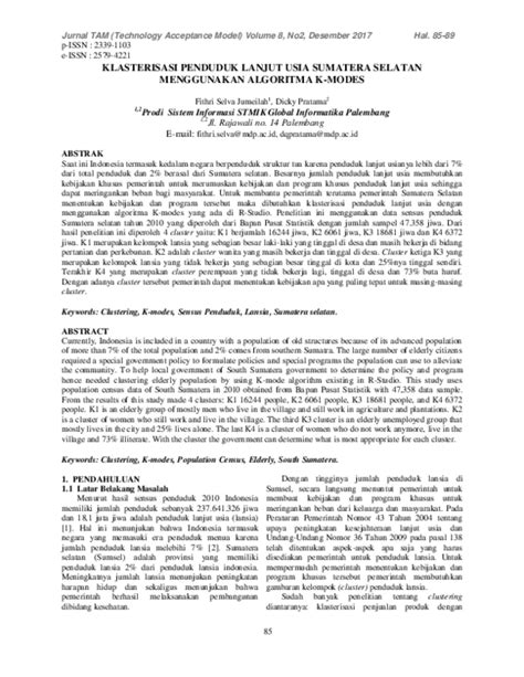Pdf Klasterisasi Penduduk Lanjut Usia Sumatera Selatan Menggunakan Algoritma K Modes