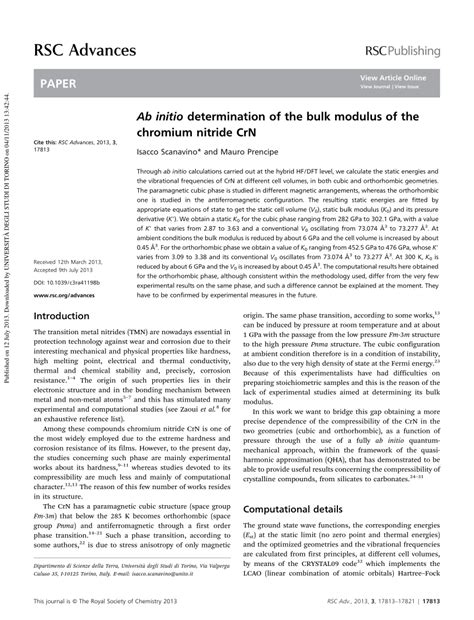 Pdf Ab Initio Determination Of The Bulk Modulus Of The Chromium
