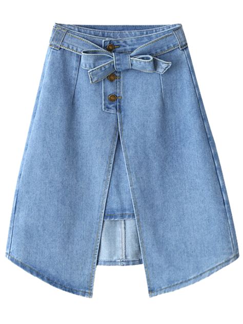 38 Off 2021 Bowknot Front Slit Denim Skirt In Light Blue Zaful