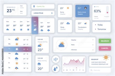 User Interface Elements Set For Weather Mobile App Kit Template With