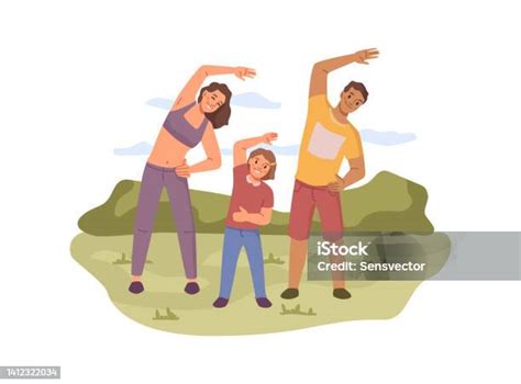 야외에서 함께 체조를하는 가족 벡터 아이와 부모가 공원에서 운동 피트니스 훈련 활동 어머니 아버지 딸이 손을 뻗고 있습니다