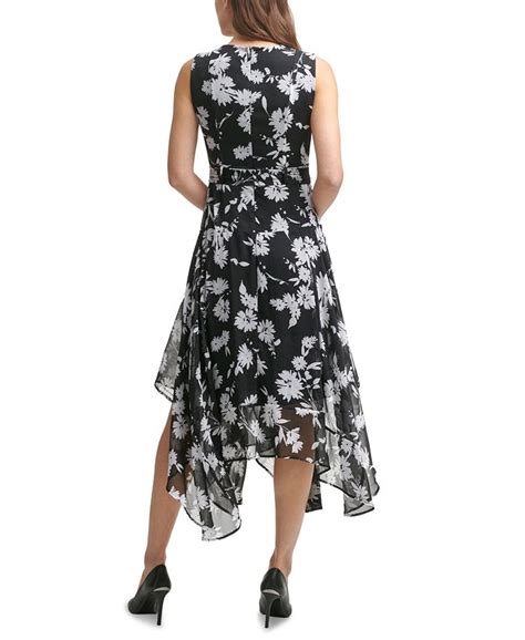 Calvin Klein Floral Print Chiffon Handkerchief Hem Midi Dress Macys