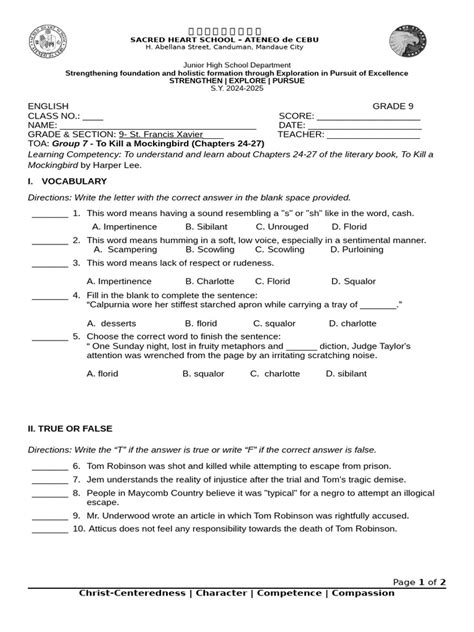 Grade 9 To Kill A Mockingbird Quiz Pdf