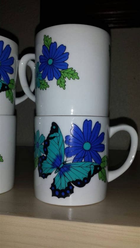 Beautiful Vintage Butterfly And Flower Coffee Cup Set Etsy Vintage