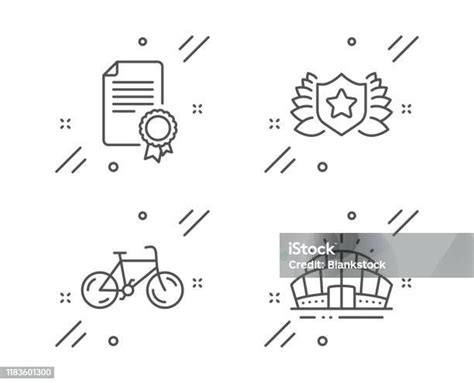 인증서 자전거 및 수상자 아이콘 세트 경기장 간판입니다 디플로마 자전거 수상 방패 스포츠 콤플렉스 벡터 Championship에 대한 스톡 벡터 아트 및 기타 이미지