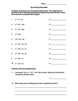 Solving Polynomial Equations Quiz By Ms Peterson TpT