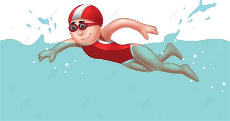 Funny Girl In Red Swimsuit Swimming In Water Pool Cartoon Vector Red