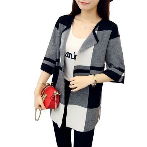 2018 New Autumn Women Cardigans Plaid O Neck Half Sleeve Long Cardigan