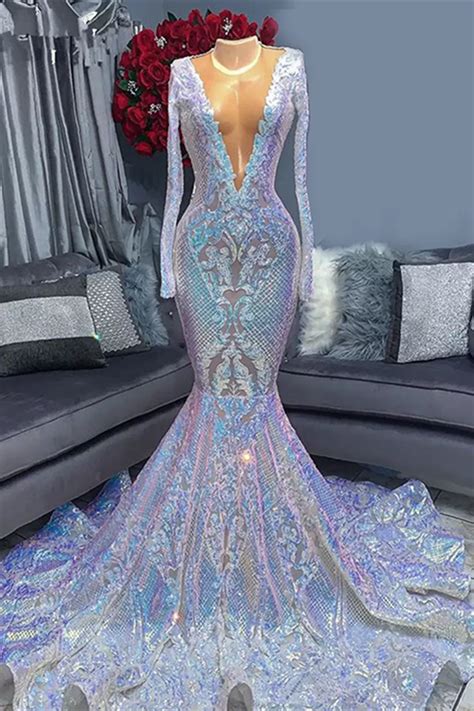 Hot Sparkle Sequin V Neck Long Sleeves Mermaid Prom Dresses Ballbella