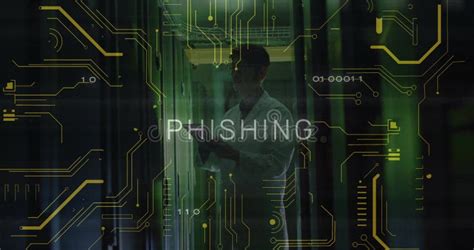 Image Of Phishing Text Over Data Processing Asian Male Worker In Server