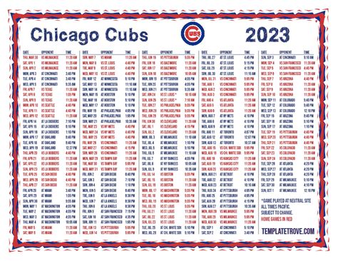 Chicago Cubs Schedule Calendar Leona Ninetta