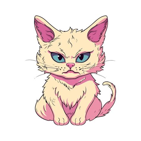 Un chat de dessin animé aux yeux bleus est assis sur un fond blanc