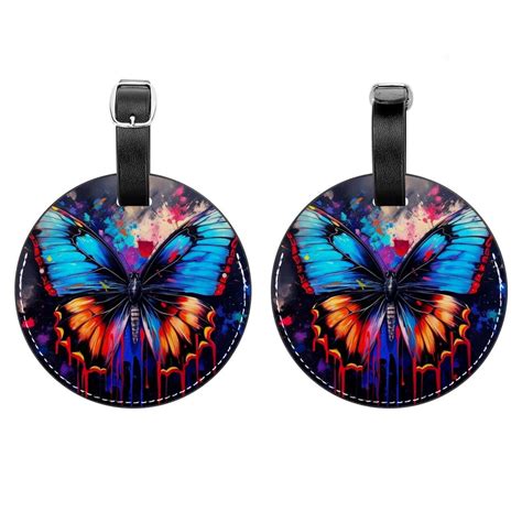 2Pcs Leather Round Butterfly Cruise Luggage Tag With Privacy Cover And