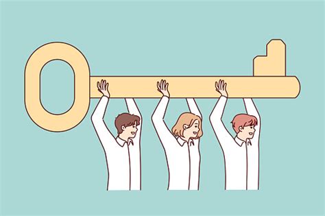 팀 작업자는 문제의 공동 해결을 상징하는 머리 위로 거대한 열쇠를 올립니다 벡터 이미지 기업 문화에 대한 스톡 벡터 아트 및